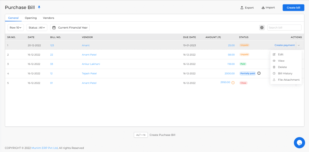 Purchase Bill Management | Munim Helpdesk