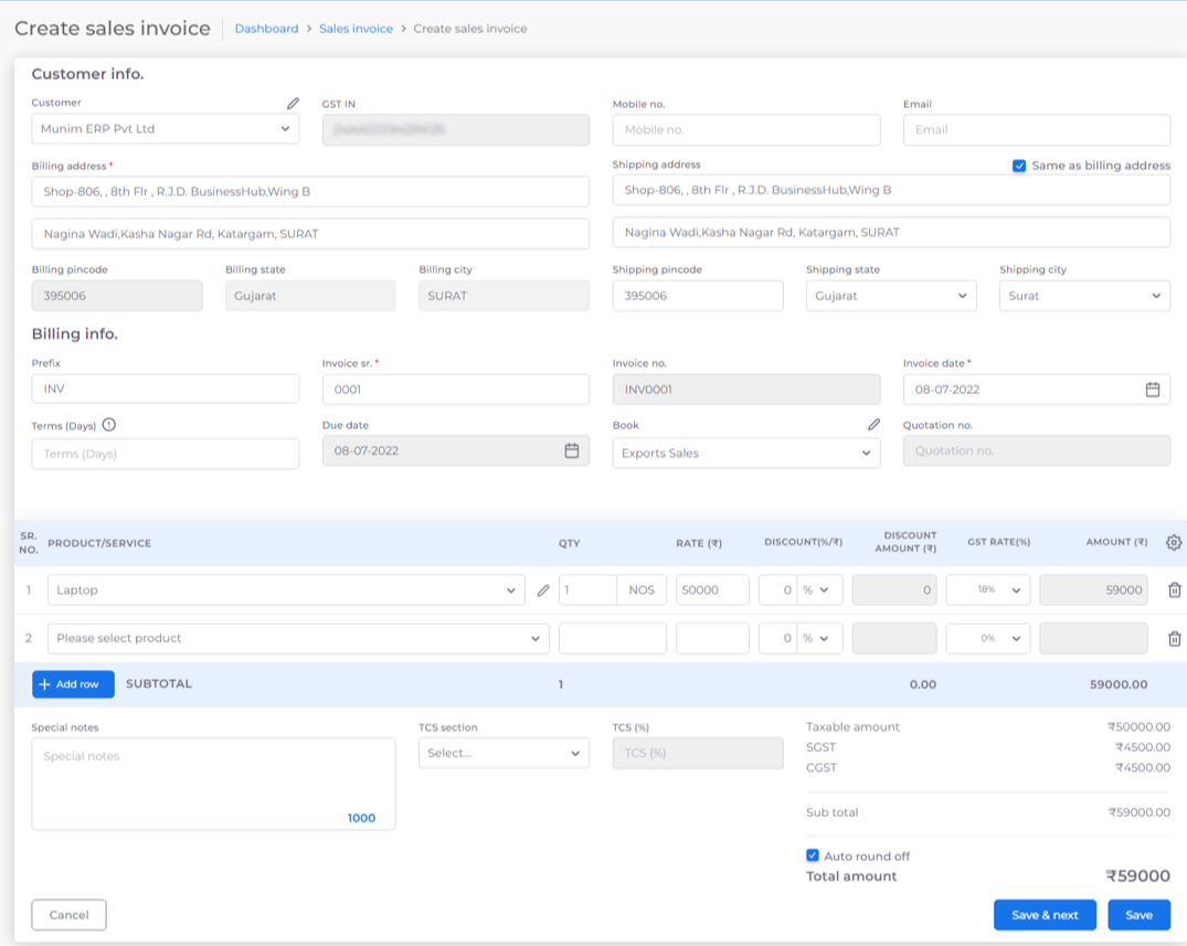 Sales invoice - Munim Digital Accounting Software