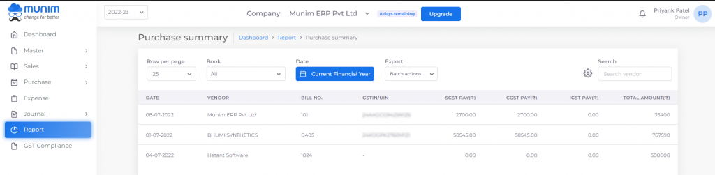Purchase summary - Munim Digital Accounting Software