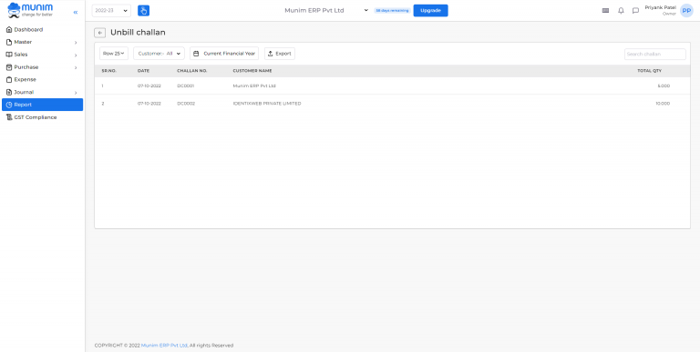 Unbill Challan Management | Munim Helpdesk