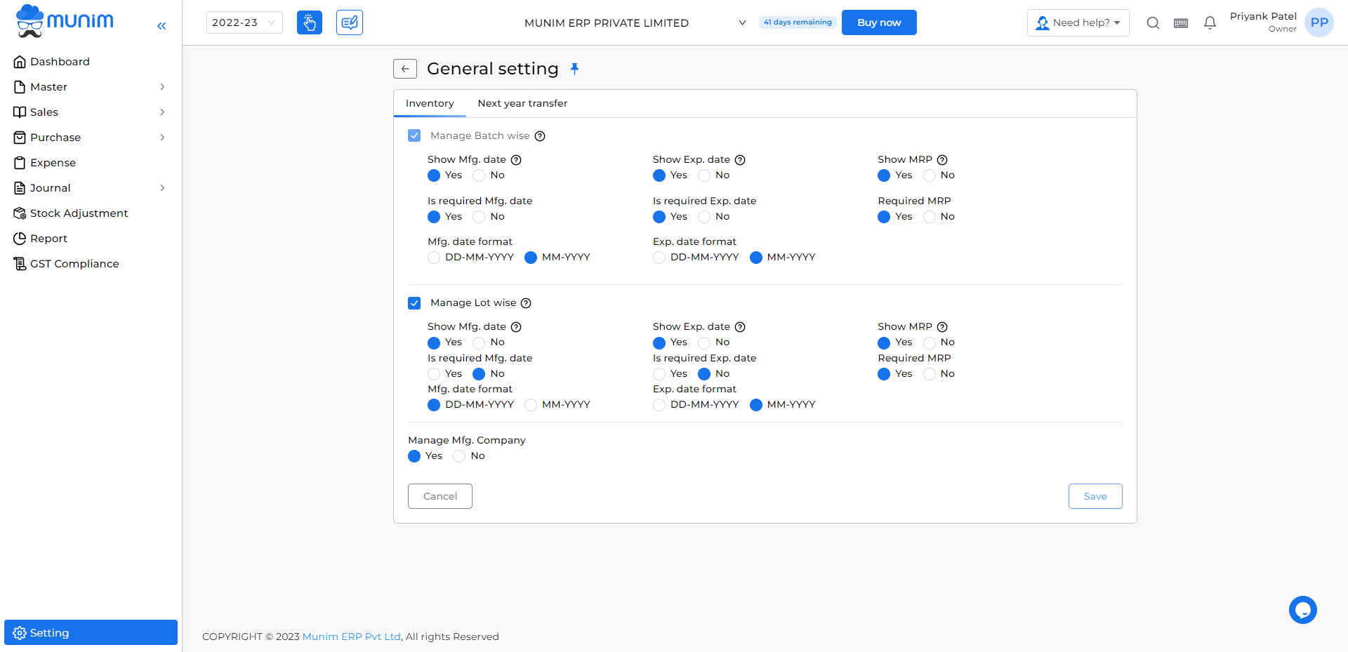 General Setting Management | Munim Helpdesk