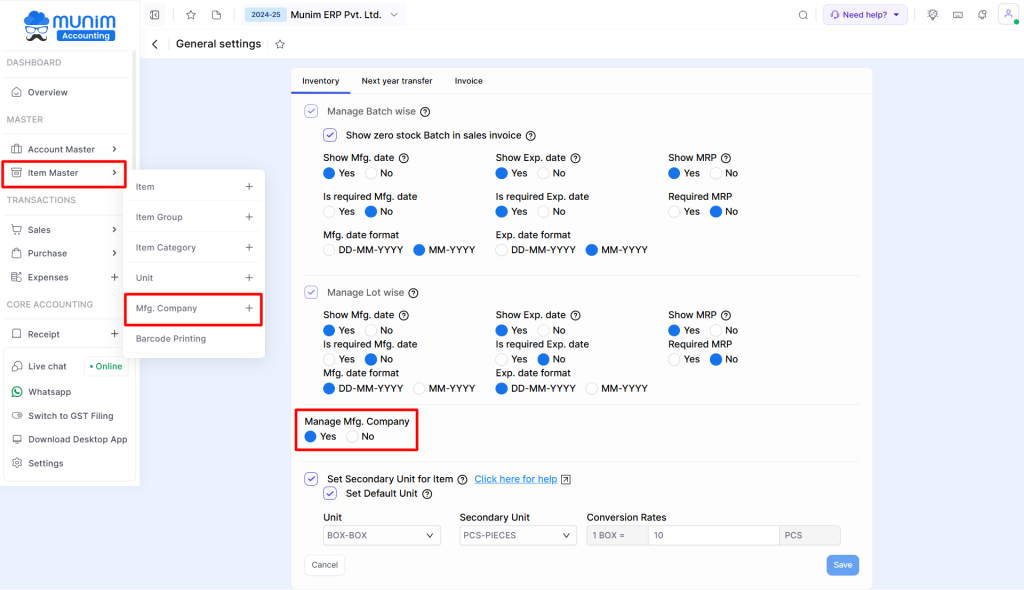 General Setting Management | Munim Helpdesk