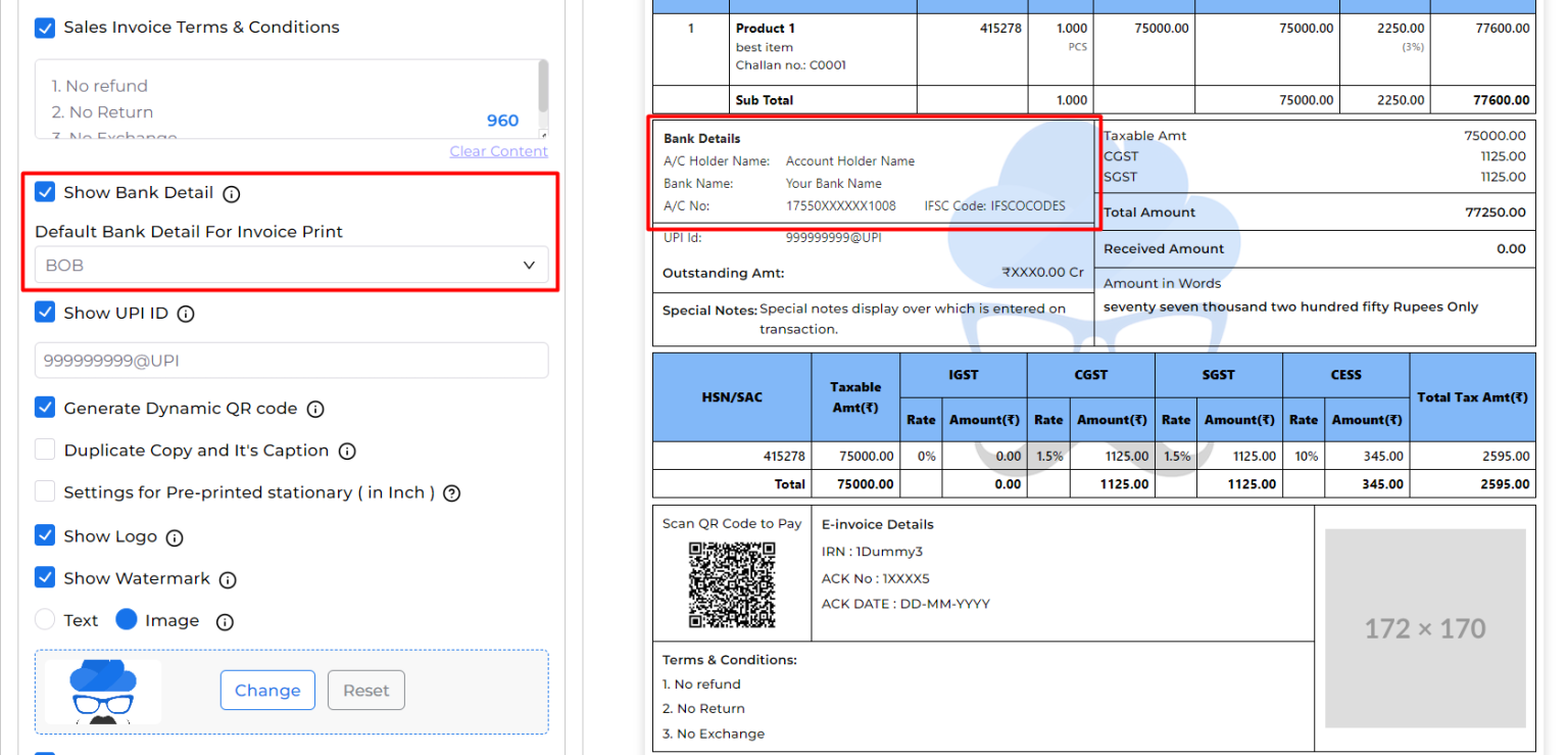 Display Bank Details on Sales Invoices | Munim Helpdesk