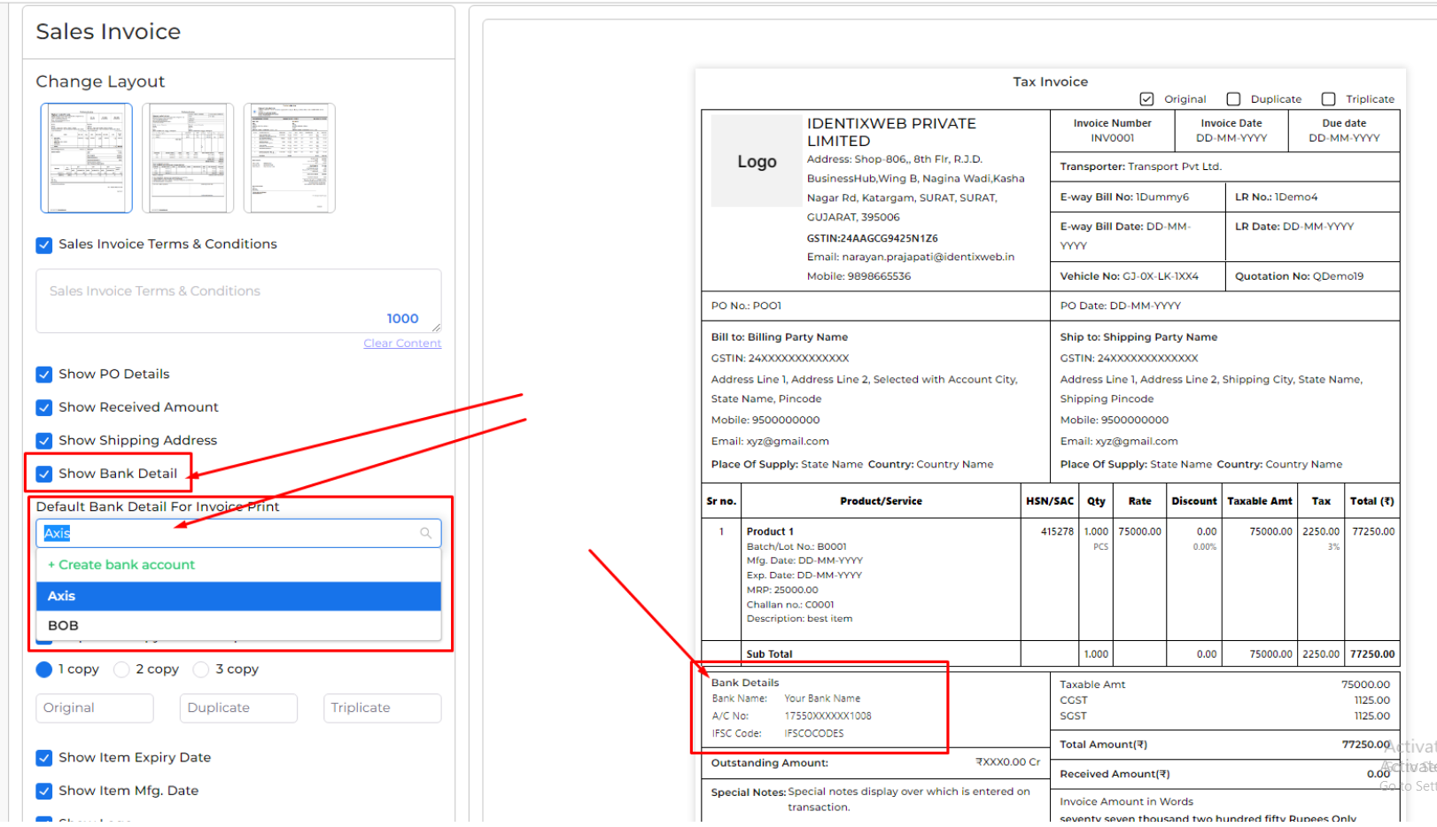Display Bank Details on Sales Invoices | Munim Helpdesk