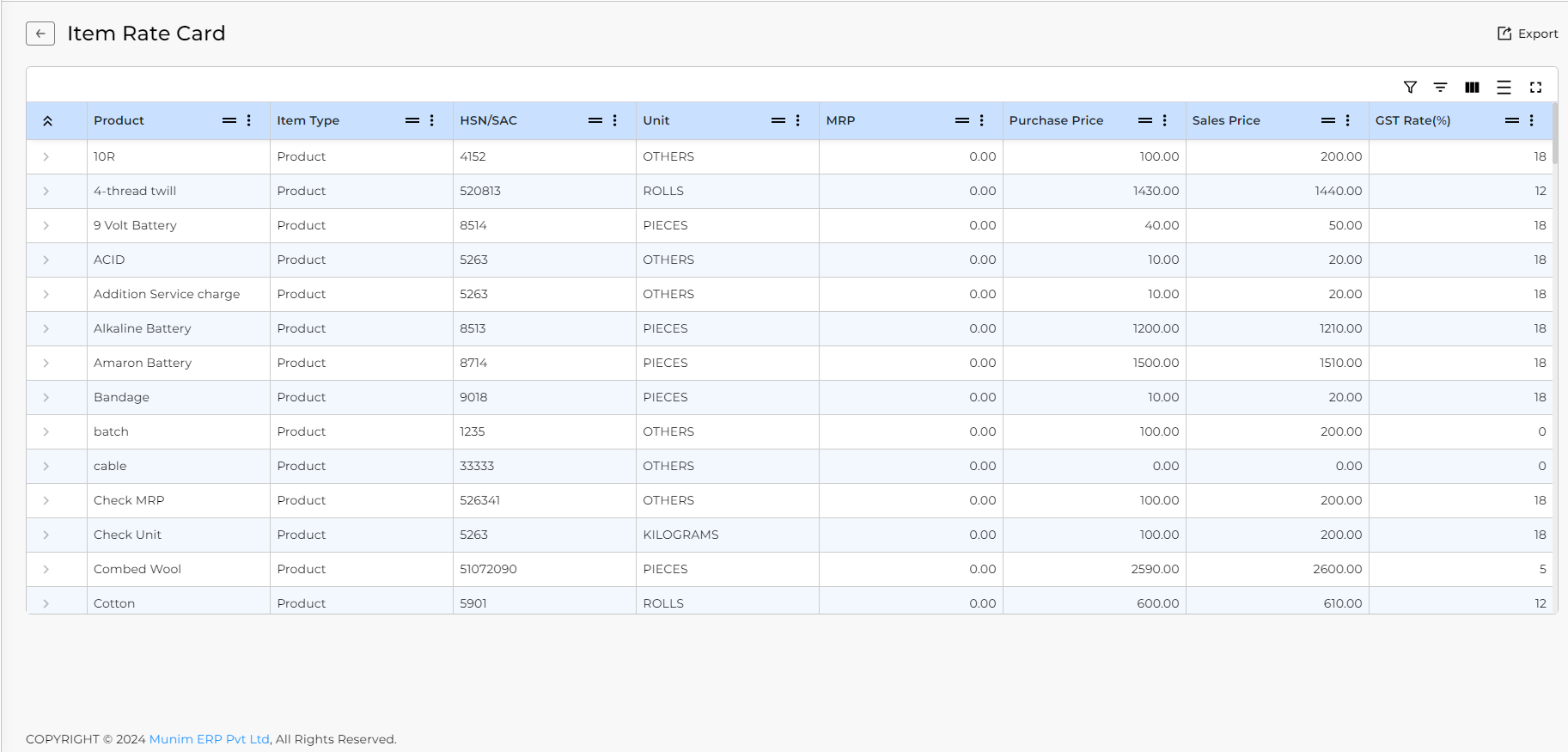 Item Rate Card Report | Munim Helpdesk