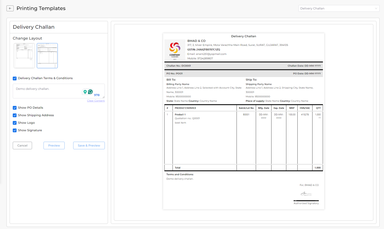 Printing Template for Delivery Challan | Munim Helpdesk