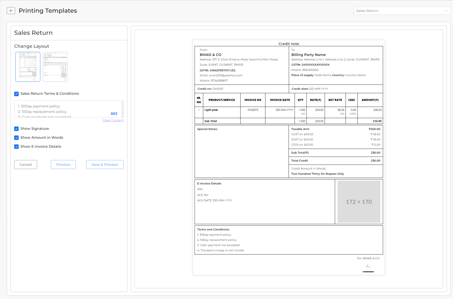 Sales Return Priniting Templates | Munim Helpdesk