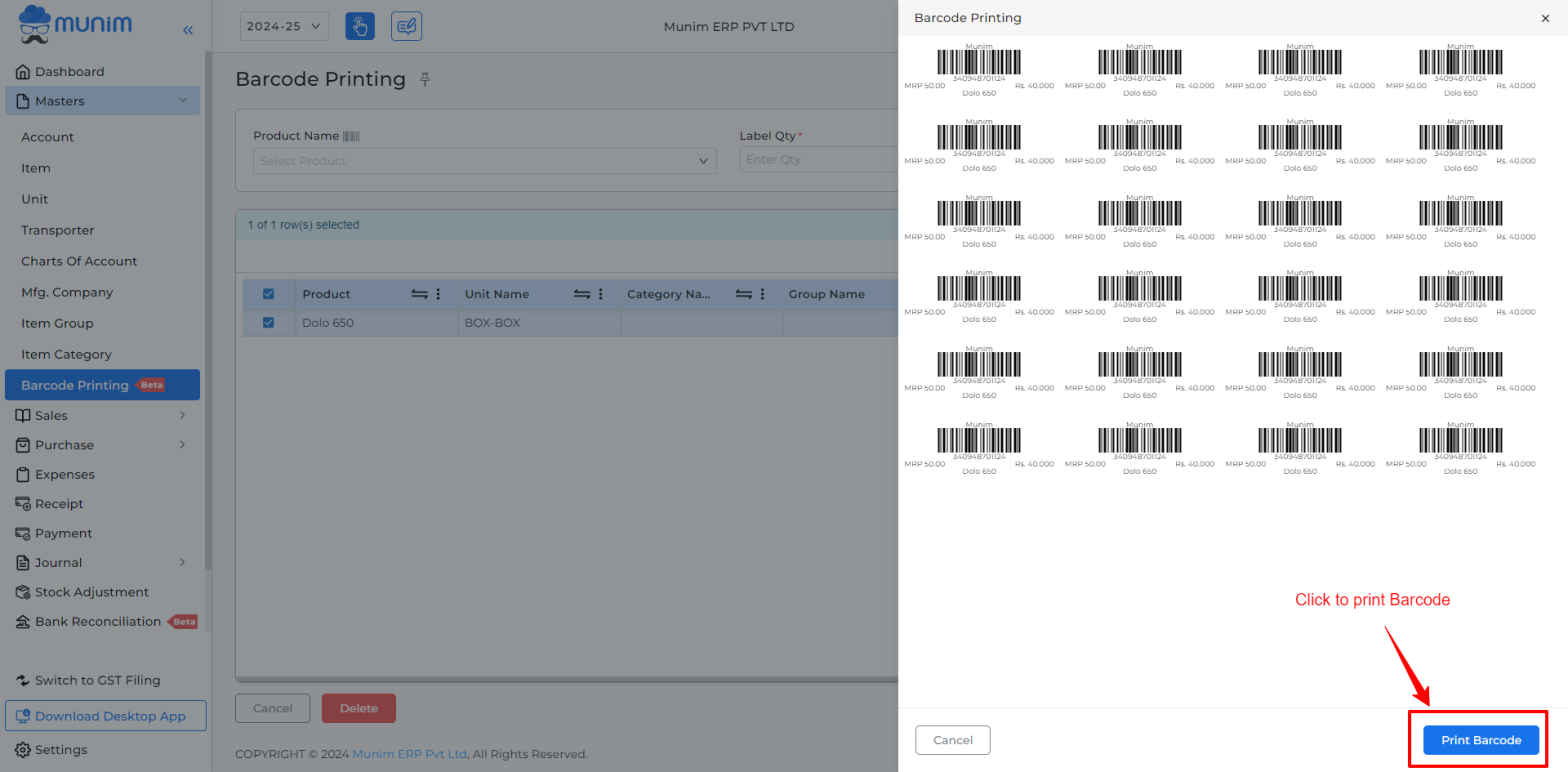 Barcode Printing | Munim Helpdesk